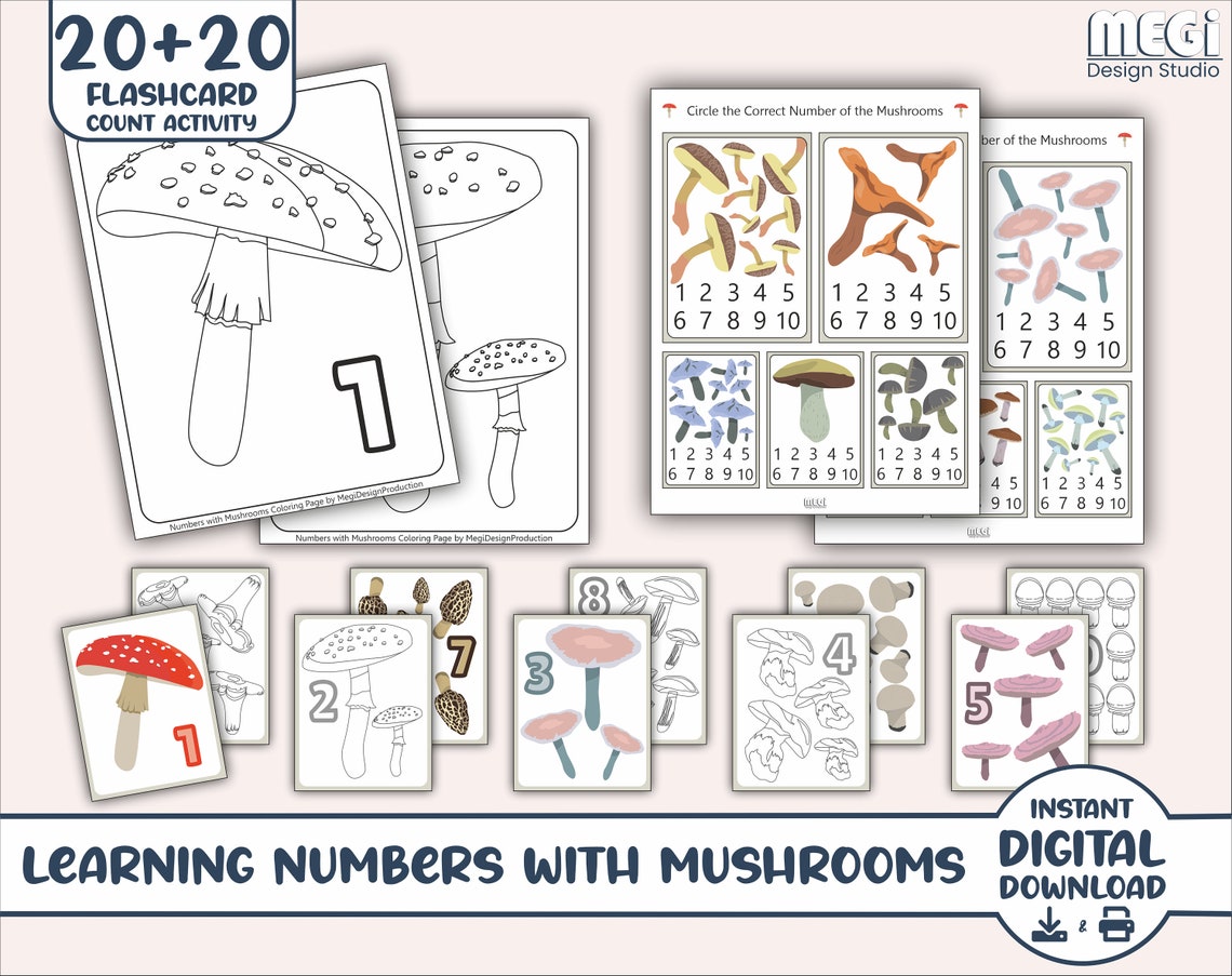 Educational Mushroom Numbers Flashcards and Worksheets Learn - Etsy
