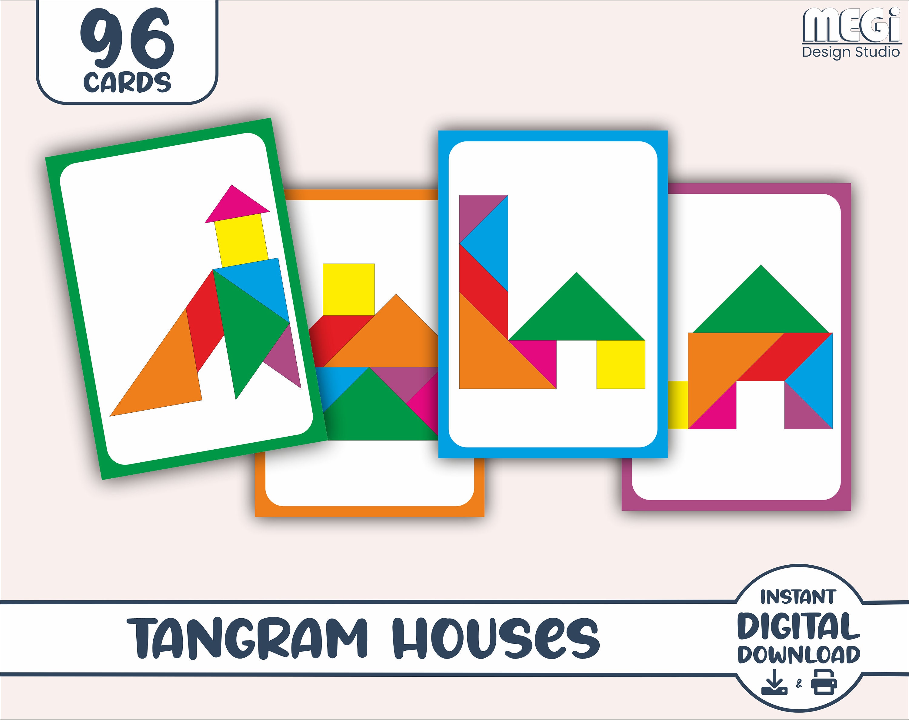 Tangram Set of Houses Puzzle Cards 90 Cards & Free Tangram - Etsy
