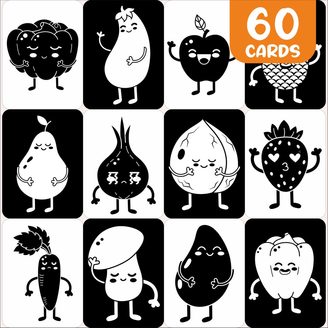 60 High Contrast Baby Cards Bundle,printable Montessori Black and White ...