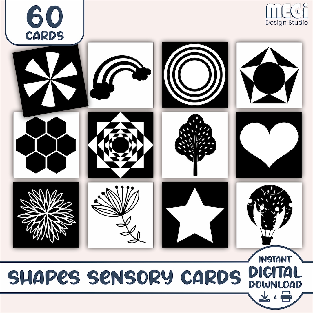 Black and White High Contrast Baby Sensory Cards - 60 Cards Shapes ...