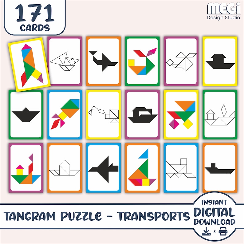 Tangram Set of Transports Puzzle Cards - 170+ Cards & Free Tangram ...