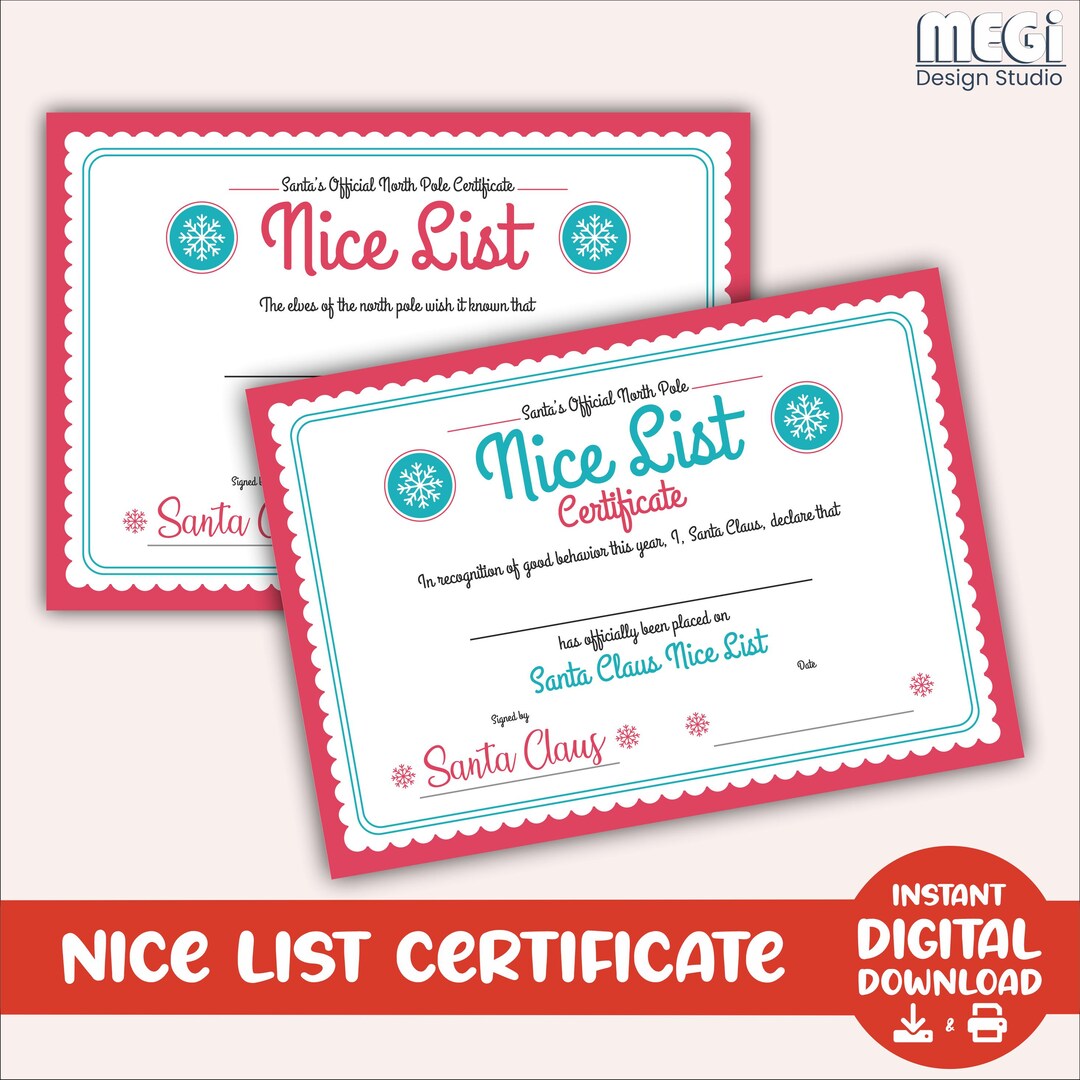 Santas Nice List Certificate Printable Christmas Certificate Holiday ...