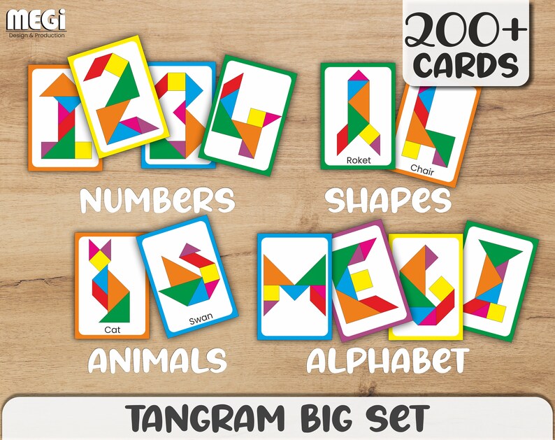 Tangram Big Set 200 Cards and Free Tangram Pattern | Etsy