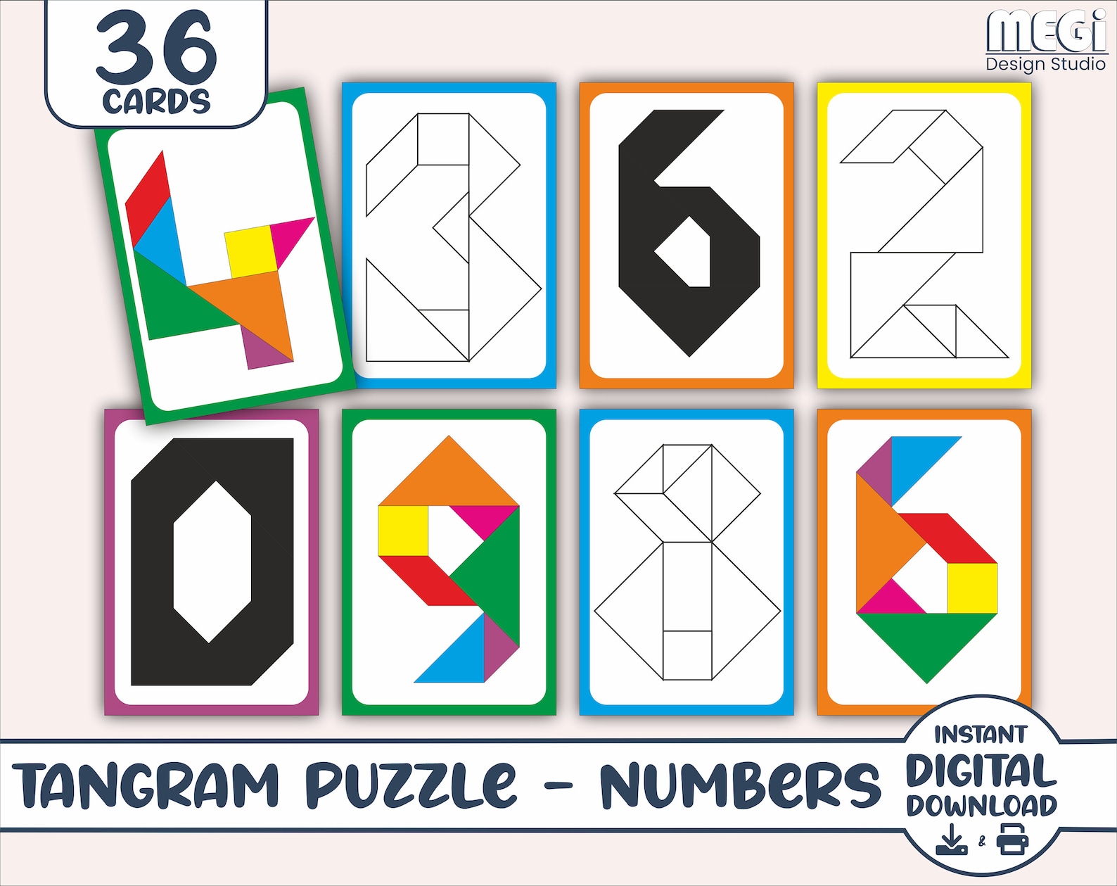 Tangram Numbers Puzzle Cards - 36 Cards & Free Tangram Pattern ...