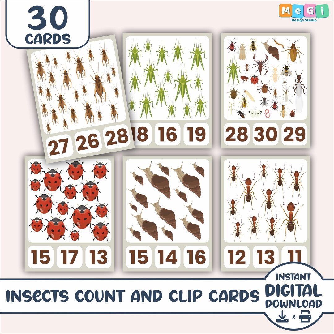 Insects Count and Clip Cards - 1 to 30 Printable Counting Cards ...