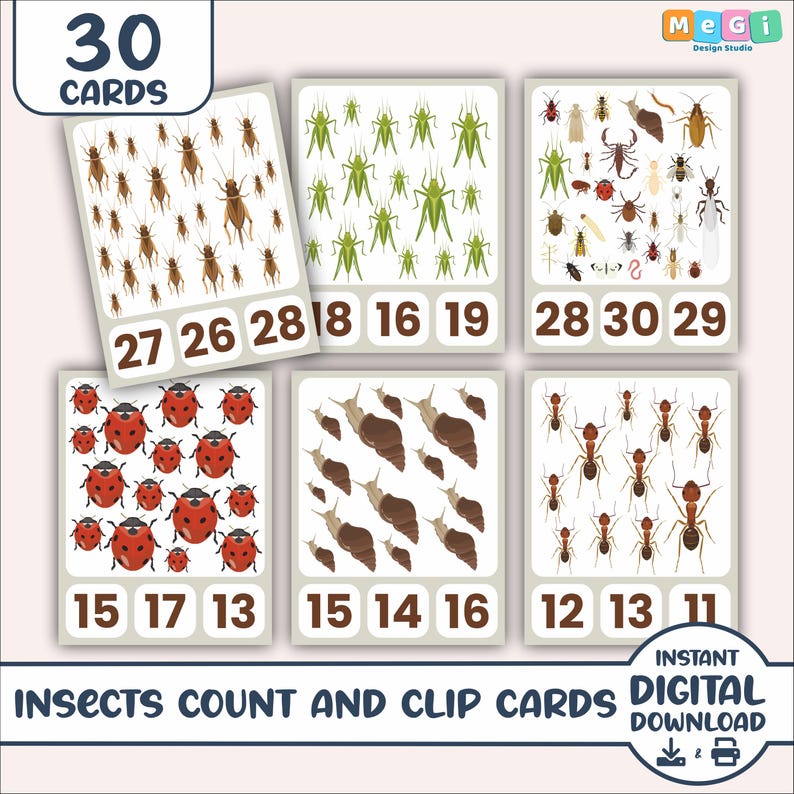 Insects Count and Clip Cards - 1 to 30 Printable Counting Cards ...