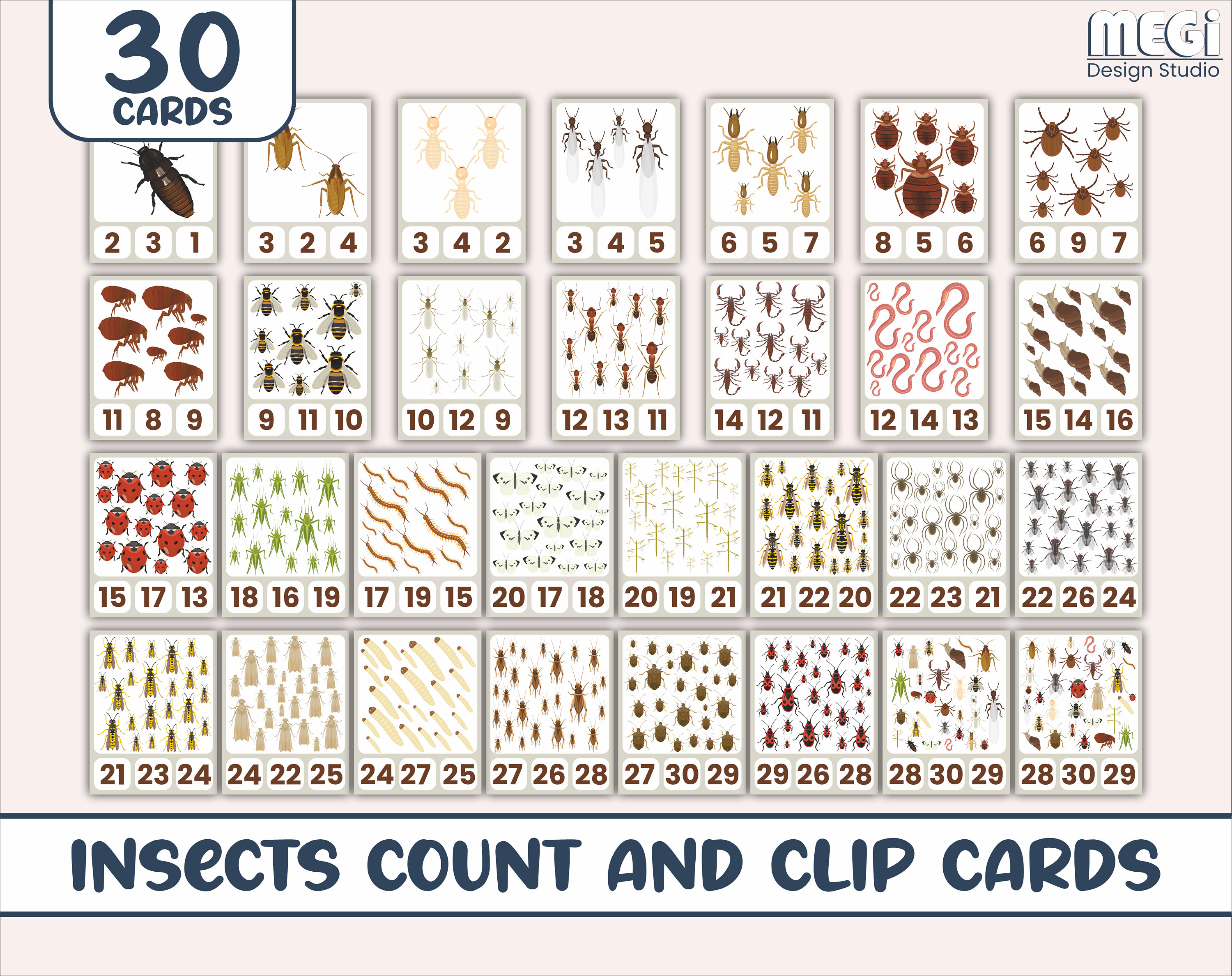 Insects Count and Clip Cards 1 to 30 Printable Counting - Etsy