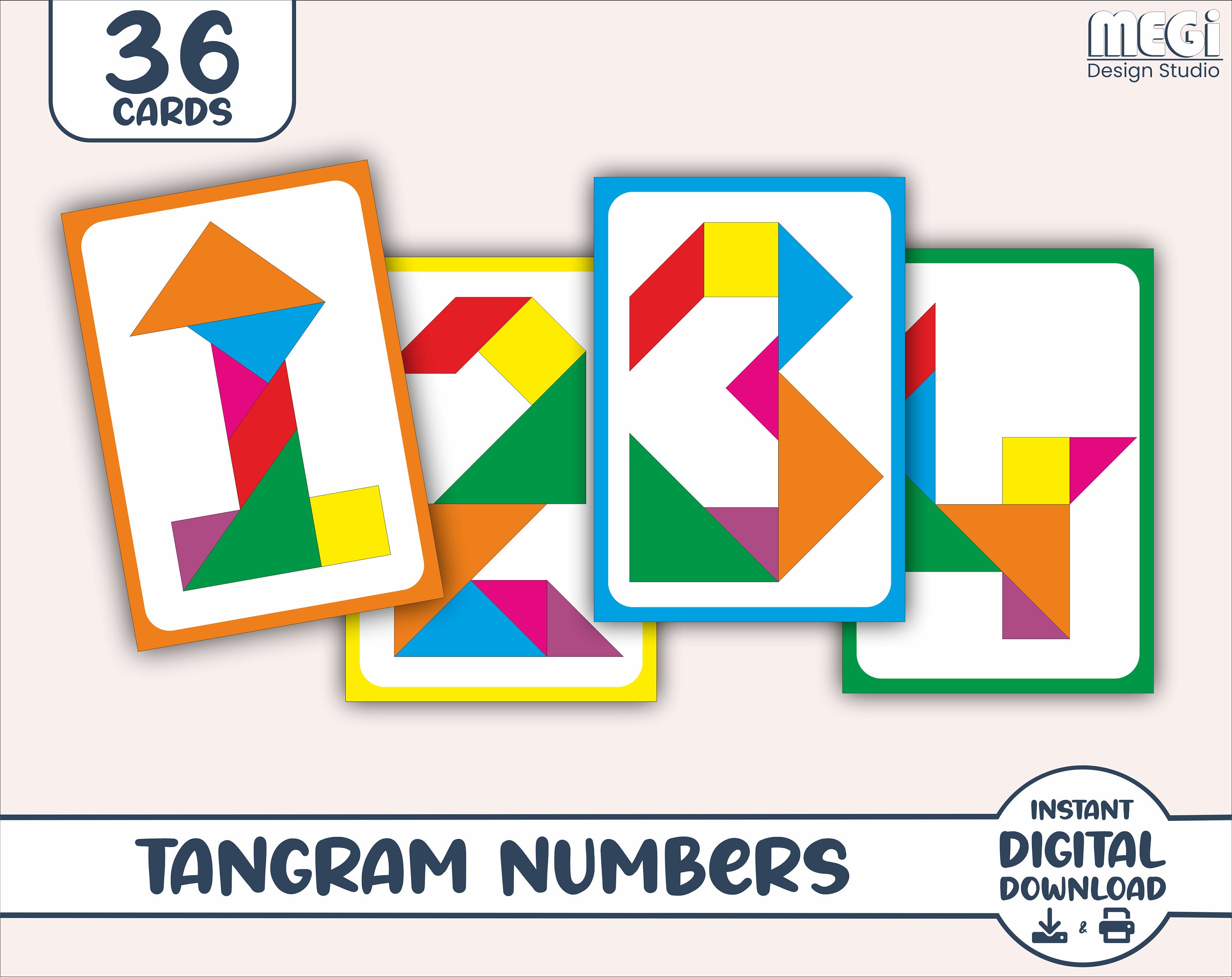 Tangram Numbers Puzzle Cards 36 Cards & Free Tangram Pattern - Etsy