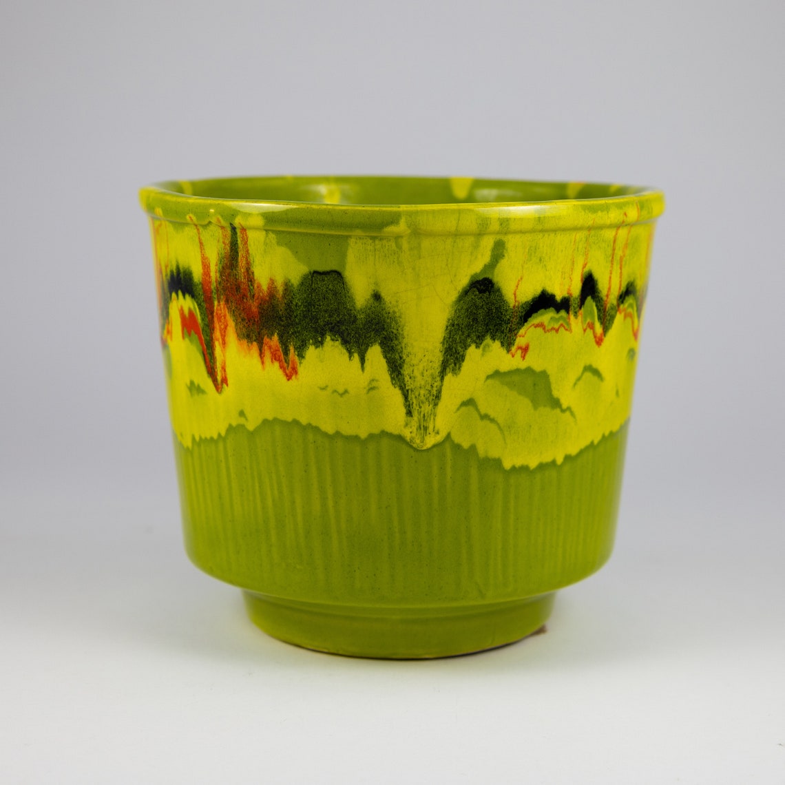 7 Inch Ceramic Planter Pot MCM Green Red Black Drip Glaze Calif ...