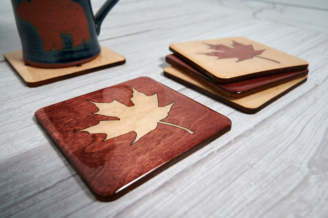Fallen Maple Leaf Wood Inlay Coasters - Etsy