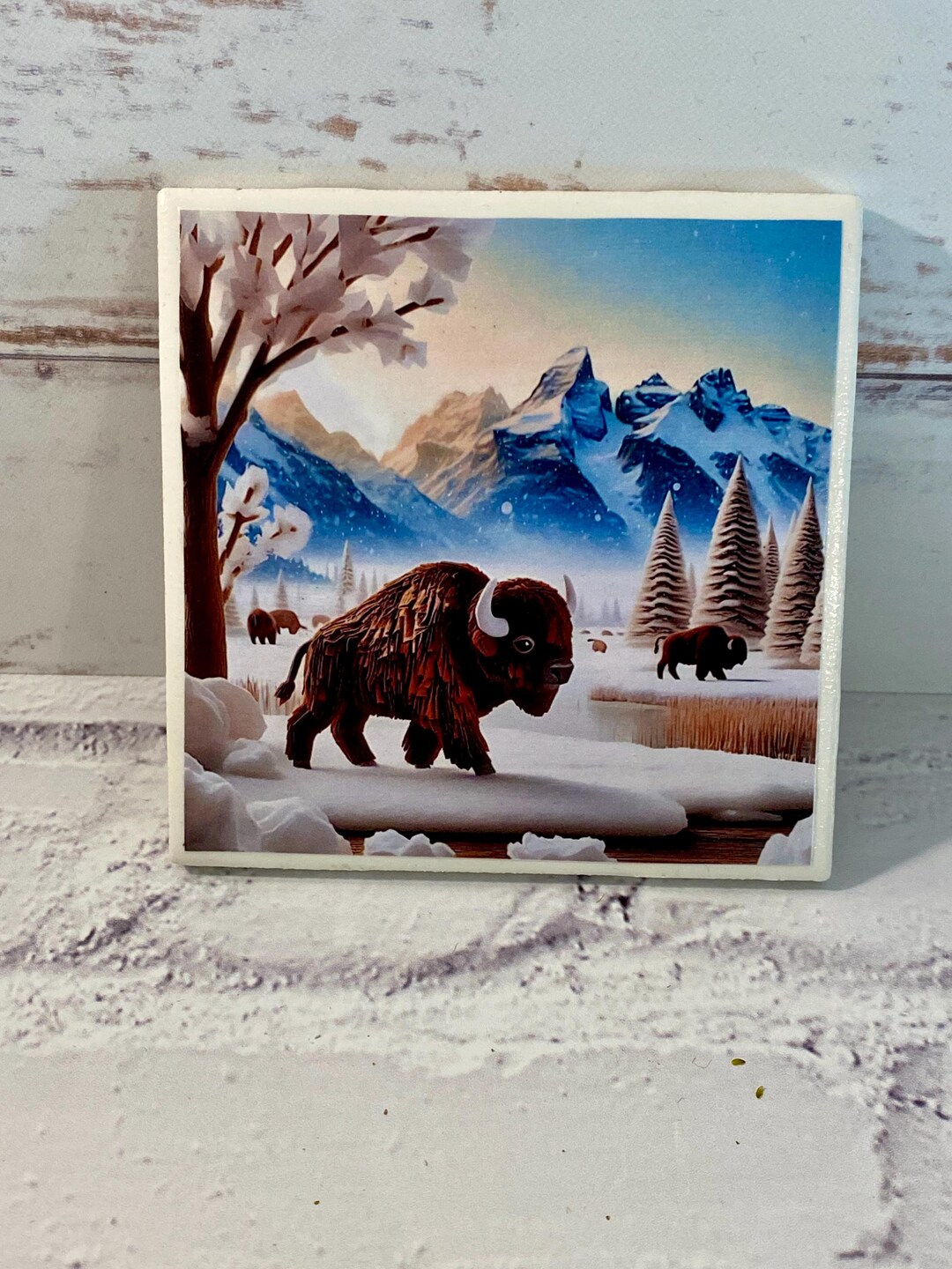 Snowy Bison Coaster, Buffalo Gift, Ranch & Cabin Decor - Etsy