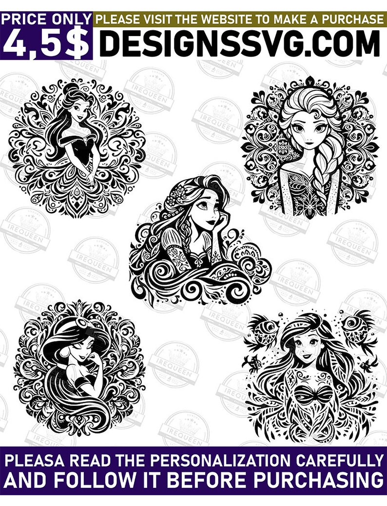 10 Cartoon Princess Svg Bundle, Princess Cartoon Svg, Intricate Weeding ...