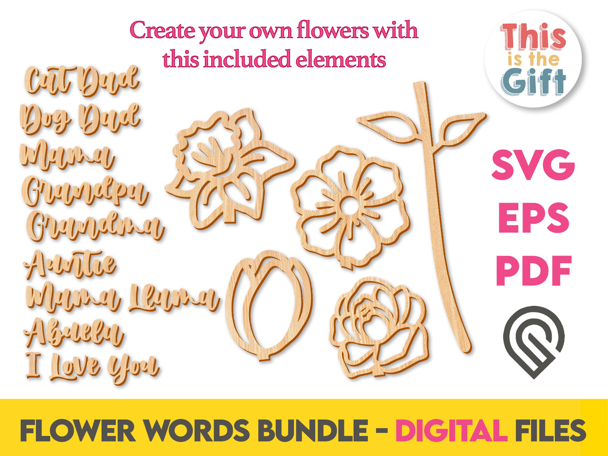 Flower Word Bundle, Floral Words, Mothers Day Gift, Glowforge File ...