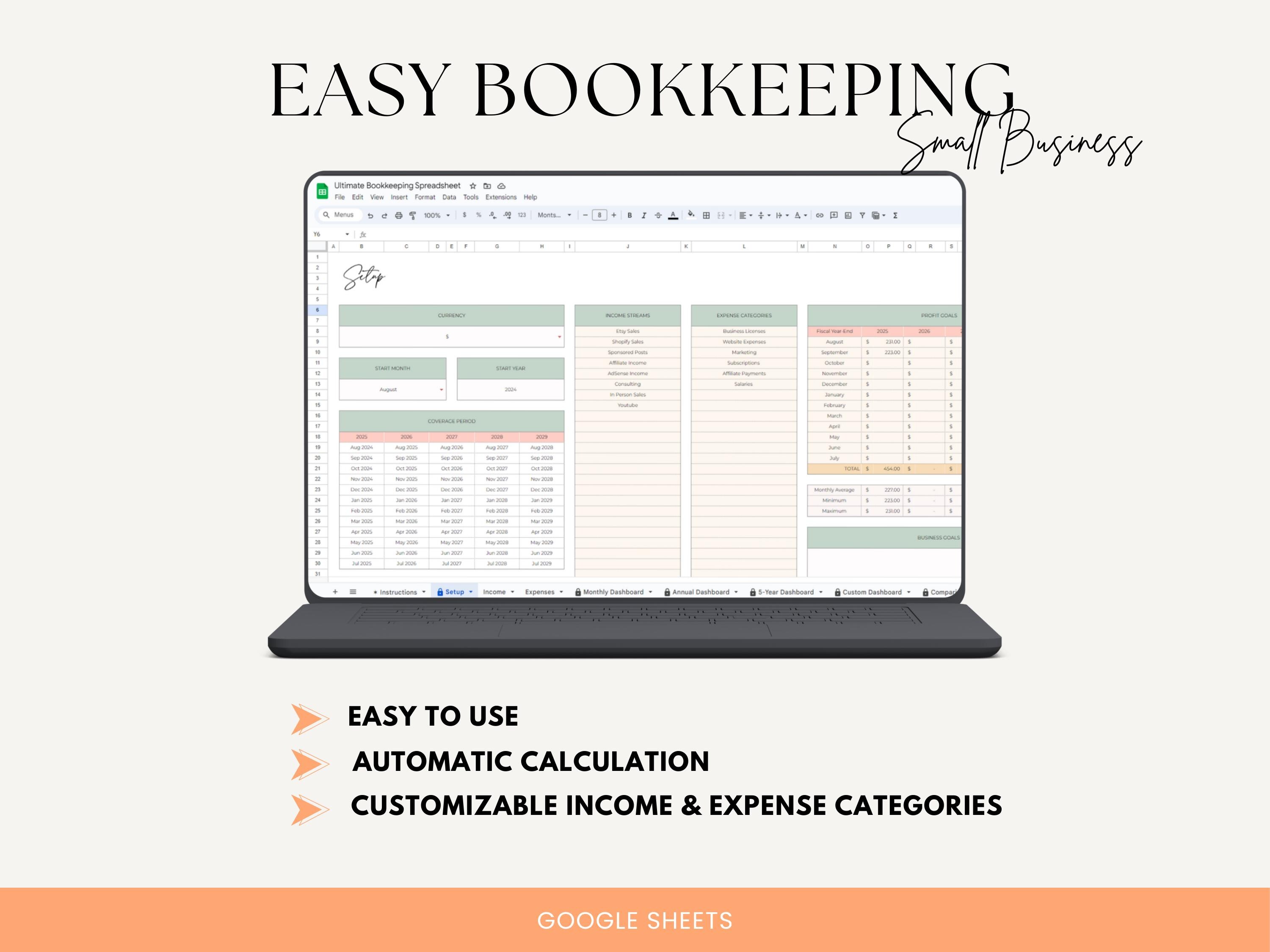 Small Business Easy Bookkeeping Spreadsheet Profit and Loss Excel ...