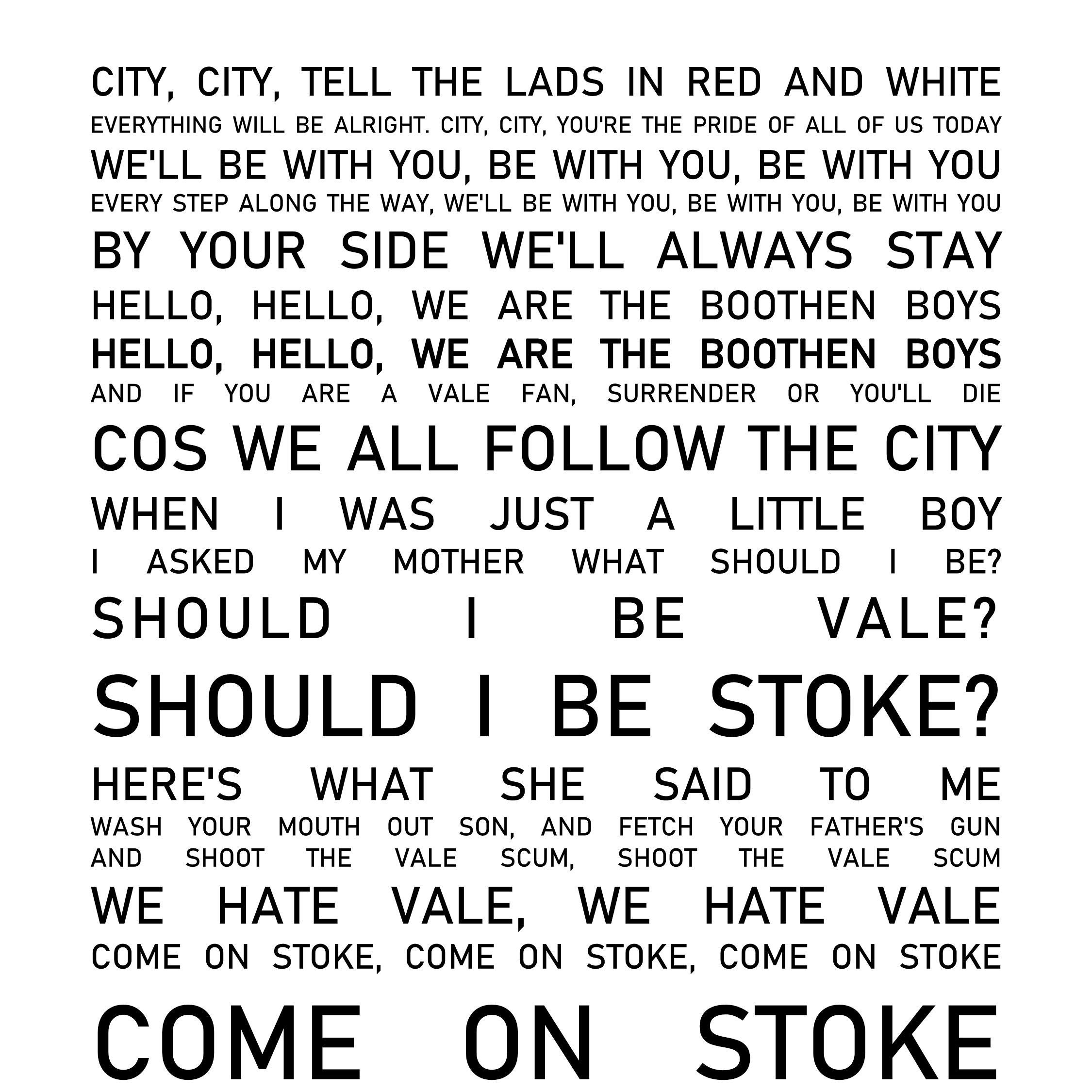 Stoke City Poster Wall Art, Iconic Chants and Songs, Stoke Fan Present ...