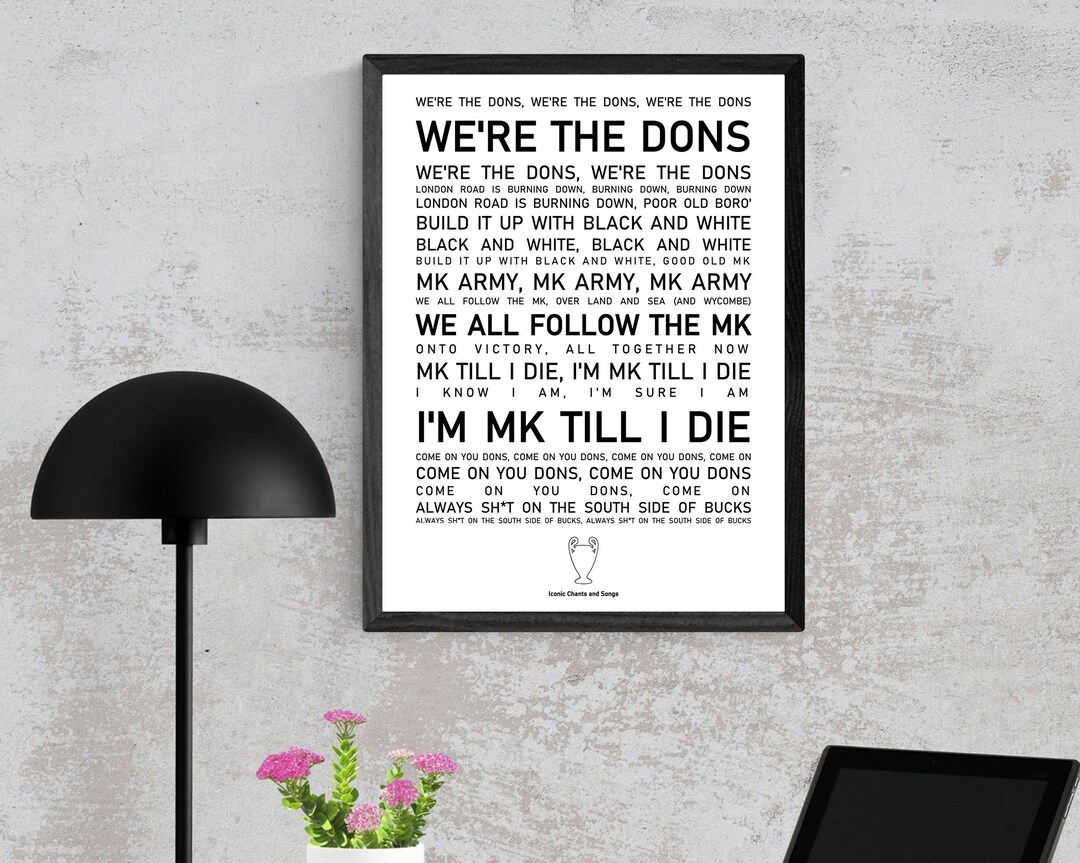 MK Dons Poster Wall Art, Iconic Chants and Songs, MK Dons Fan Present ...
