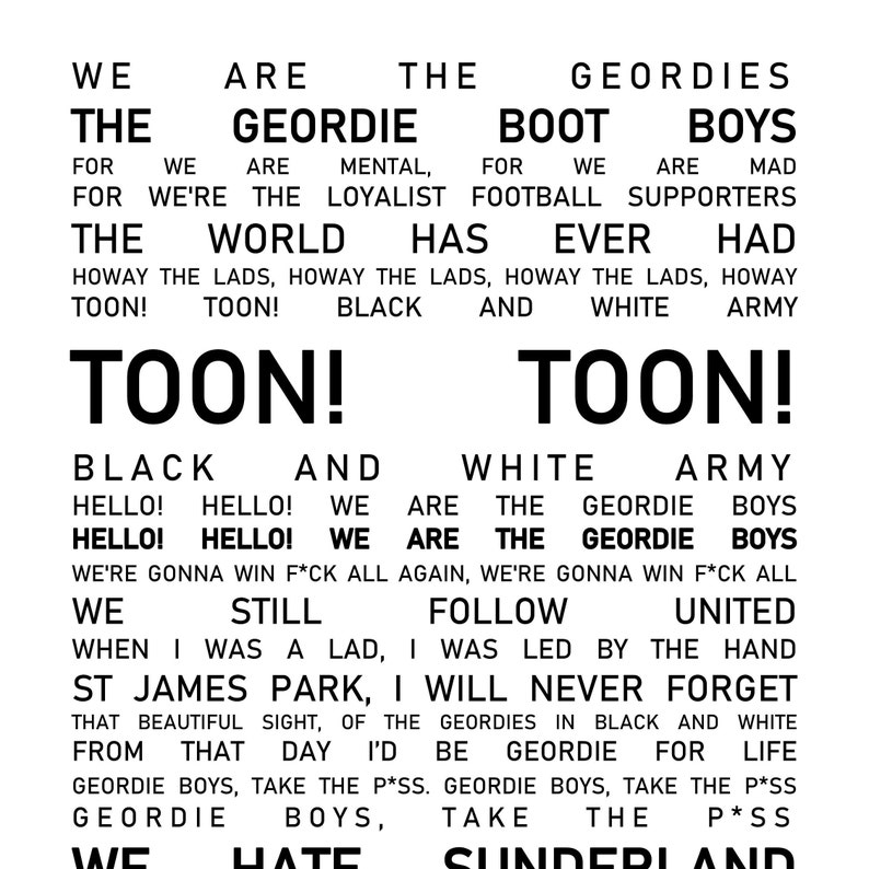 Newcastle United Poster Wall Art, Iconic Chants and Songs, Newcastle ...