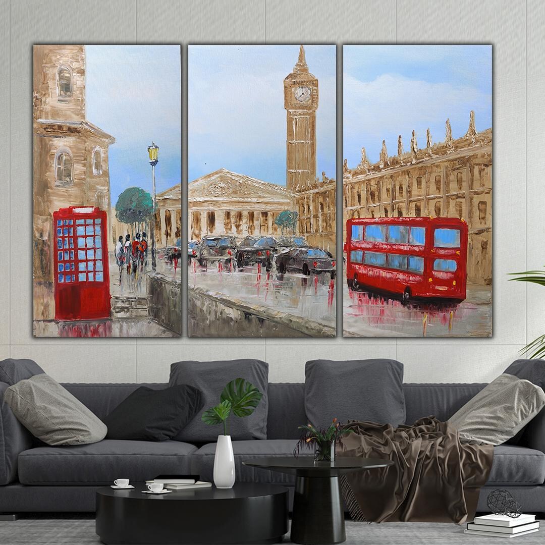 Set of 3 Big Ben With London Buses, Cars, and Pedestrians, Hand-painted ...
