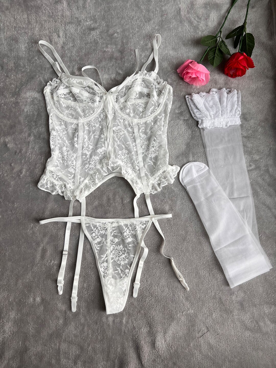 All White Lingerie Set Garter Set Bridal Lingerie Womens Lingerie