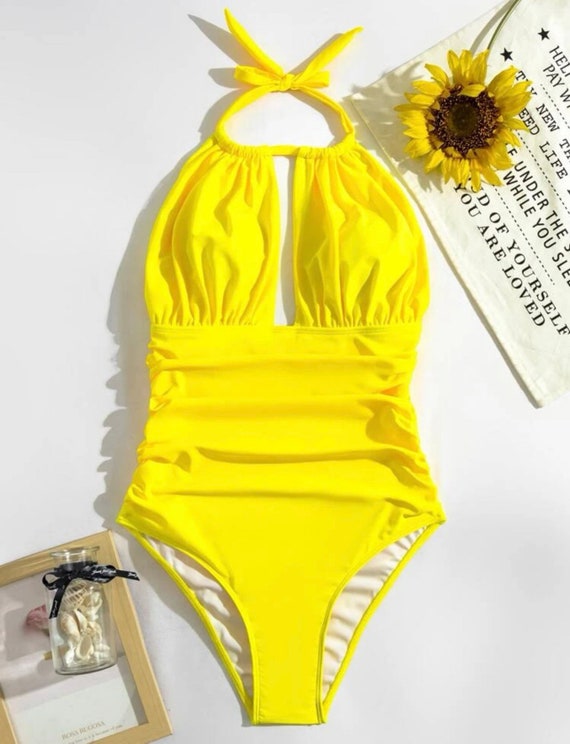 One Piece Halter Top Ruched Swimsuit Yellow Swimsuit Ruched Etsy