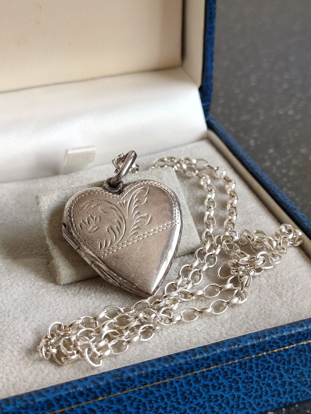 Vintage 925 Sterling Silver Heart Locket Pendant Belcher Chain Necklace ...