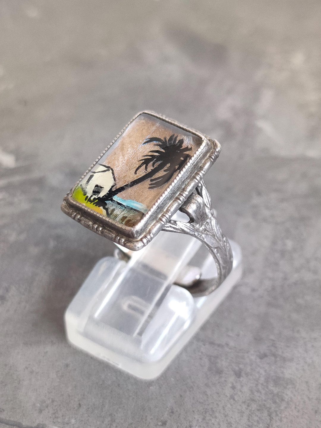 Sterling Silver Tropical Scene Ring, Hand-painted on Butterfly Wing ...