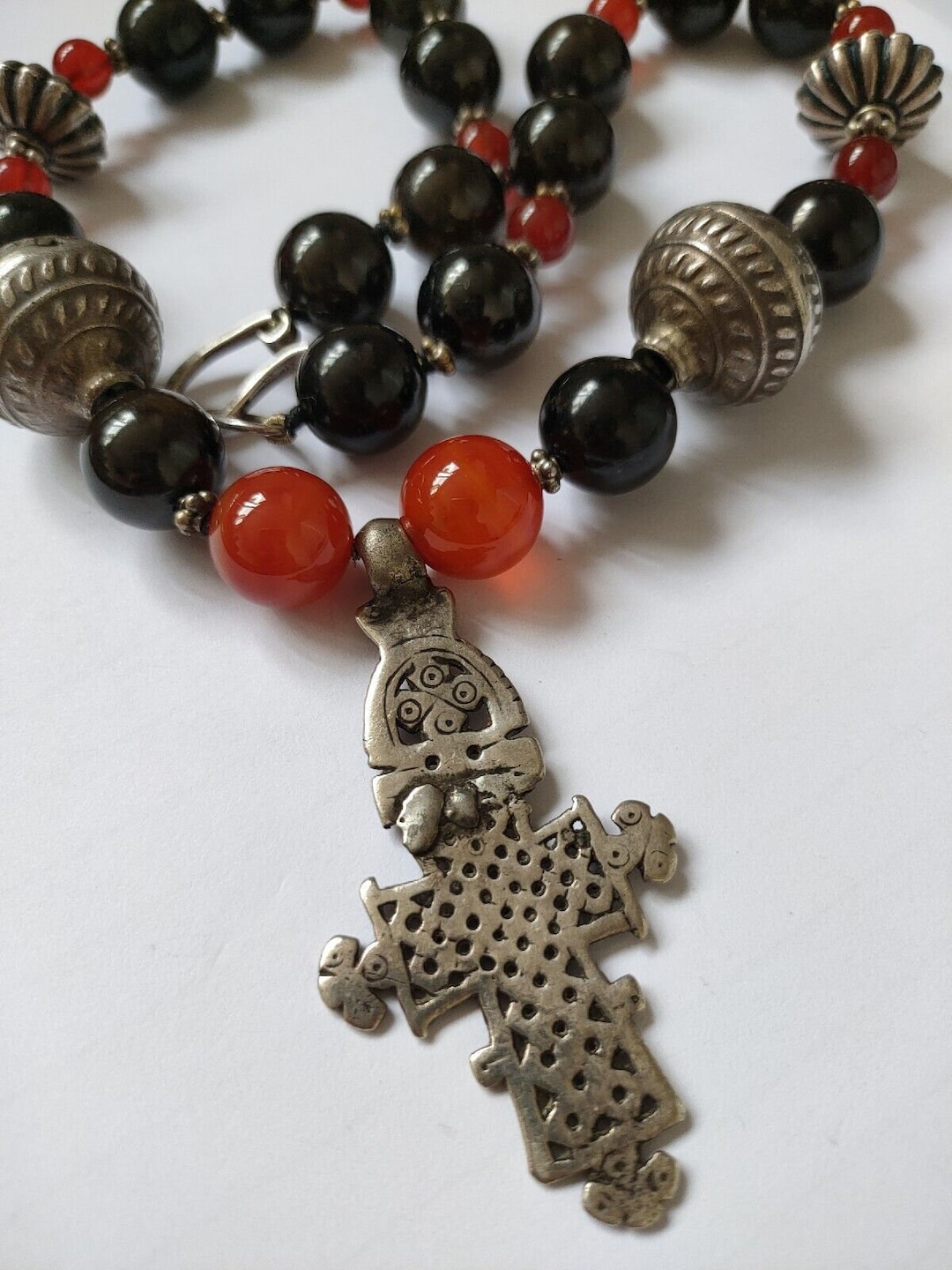 Authentic Ethiopian Coptic Silver Cross Pendant Trade Beads Necklace ...