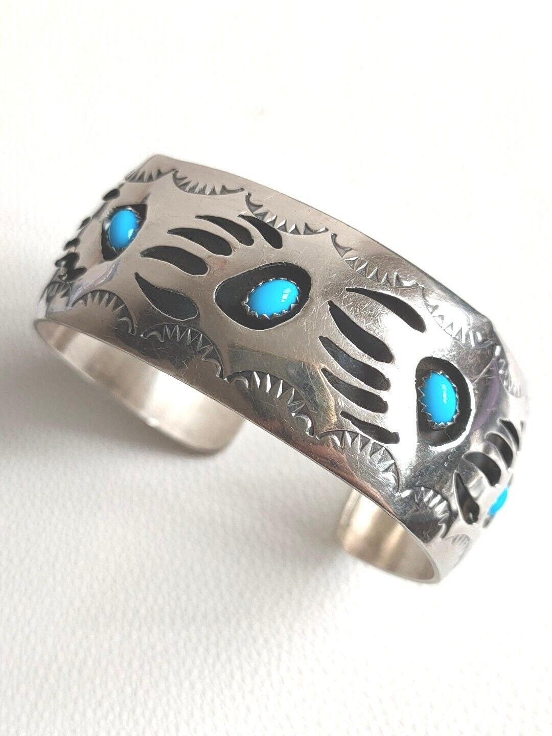 Heavy PEARLENE SPENCER Navajo Silver Turquoise Shadowbox Paw Cuff ...