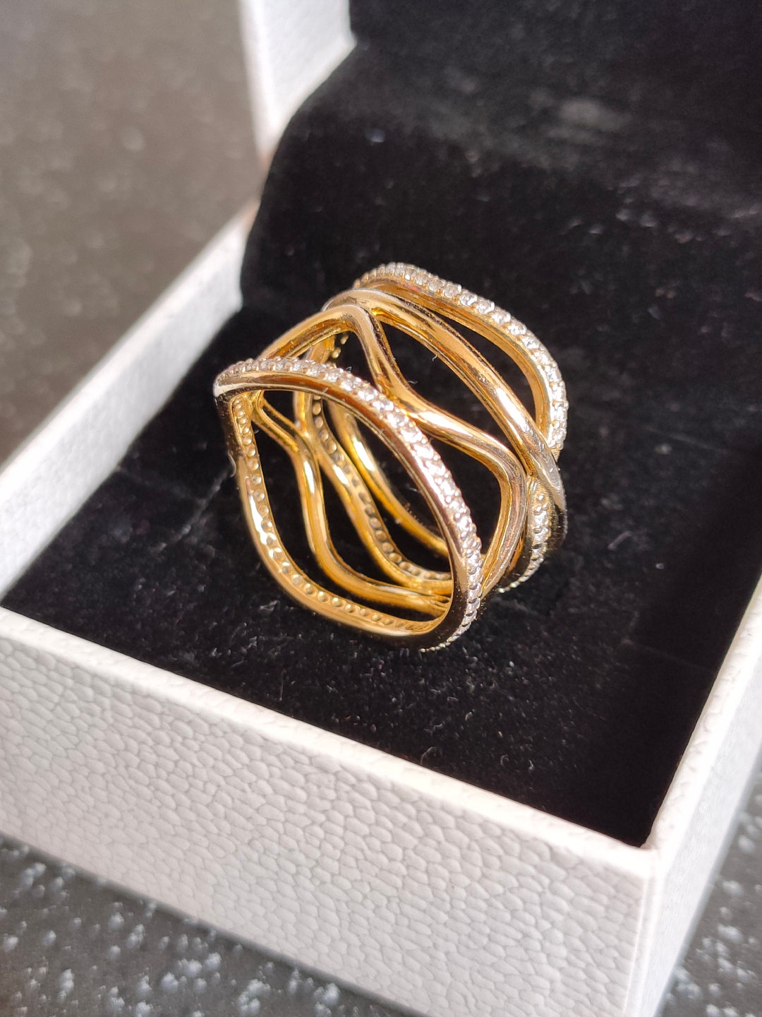 Pandora S925 Ale Silver 18K Yellow Gold Plated SWIRLING LINES Ring Size ...