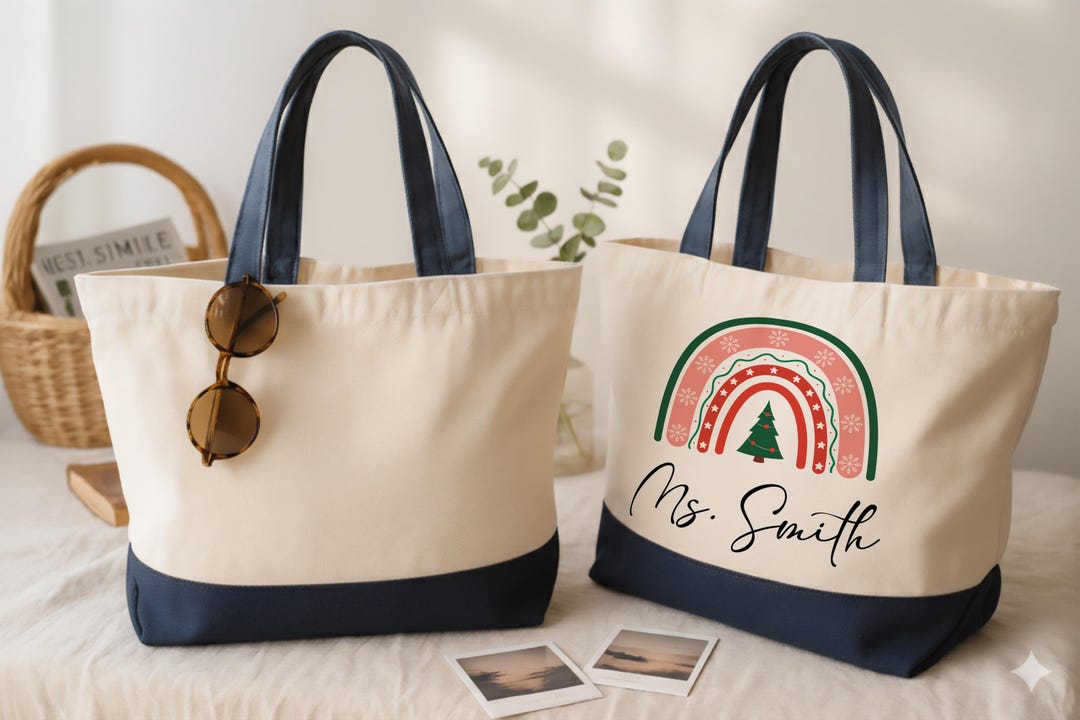 Personalized Teacher Tote Bag – Holiday Rainbow, Custom Name Book Bag ...