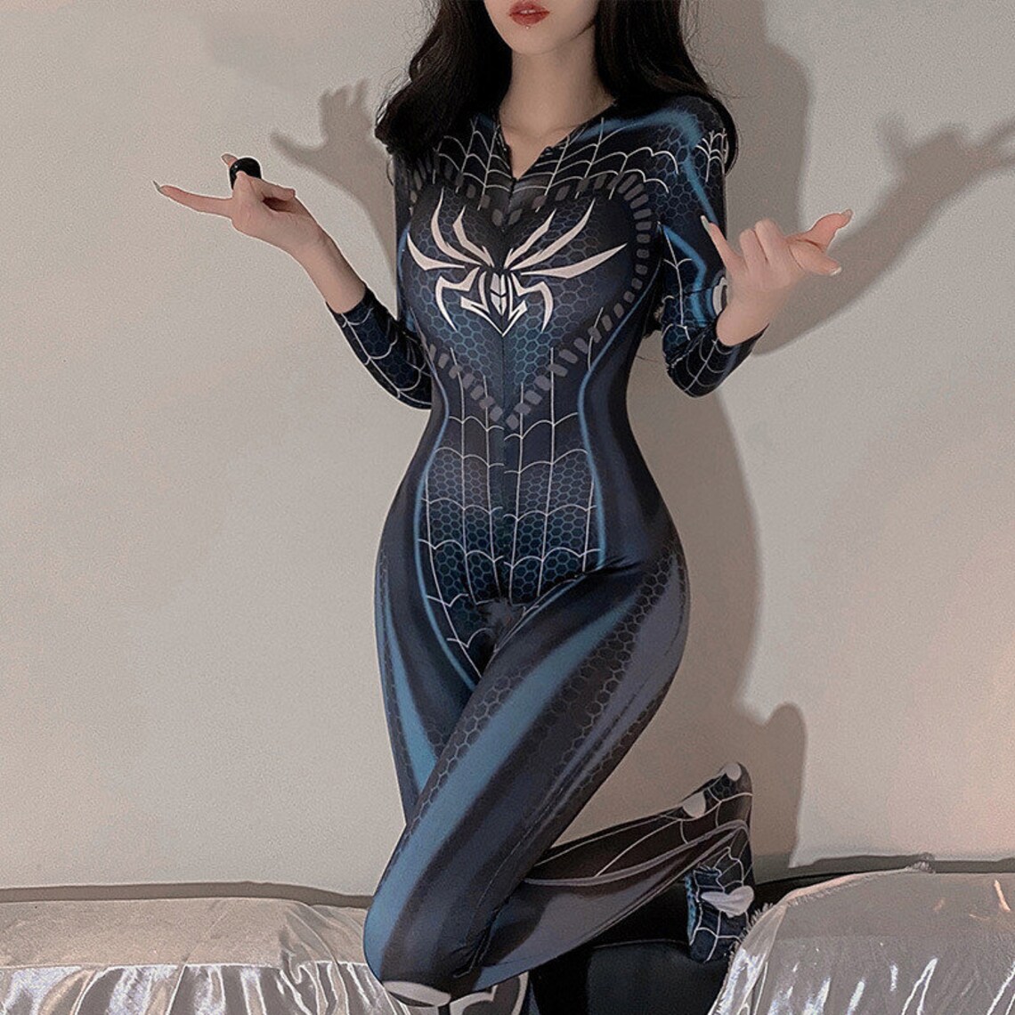 Sexy Spider Cosplay Costume Zentai Catsuit Bodysuit Satin Spandex Jumpsuit Women Shiny Leotard