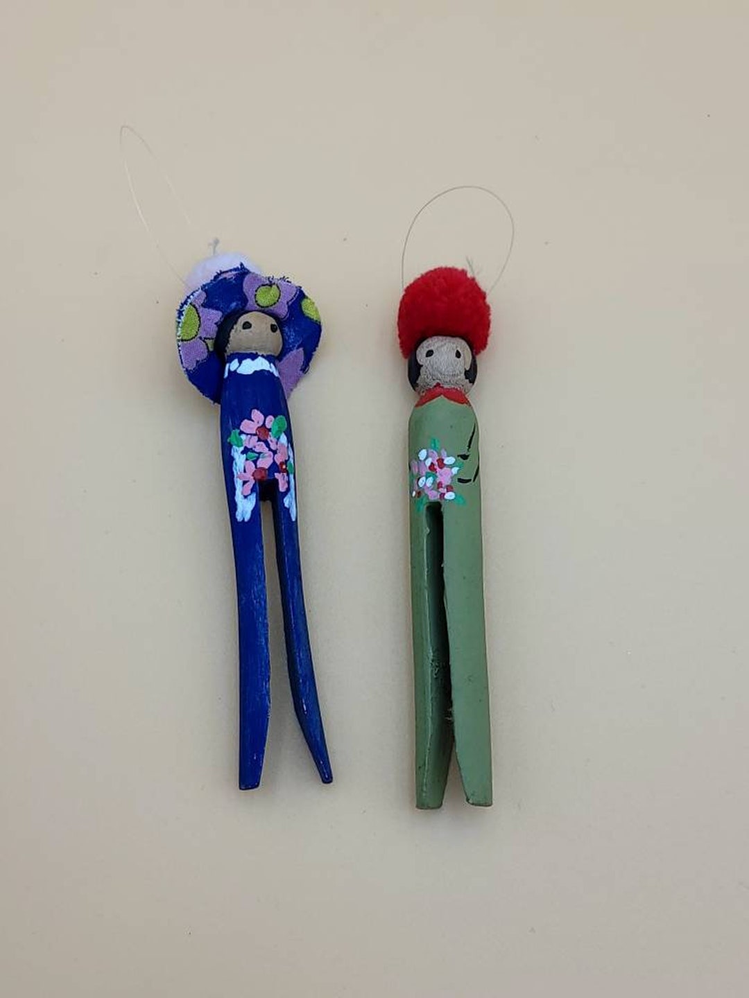Pair of Vintage Wooden Clothespin Lady Dolls Hand Painted Christmas ...