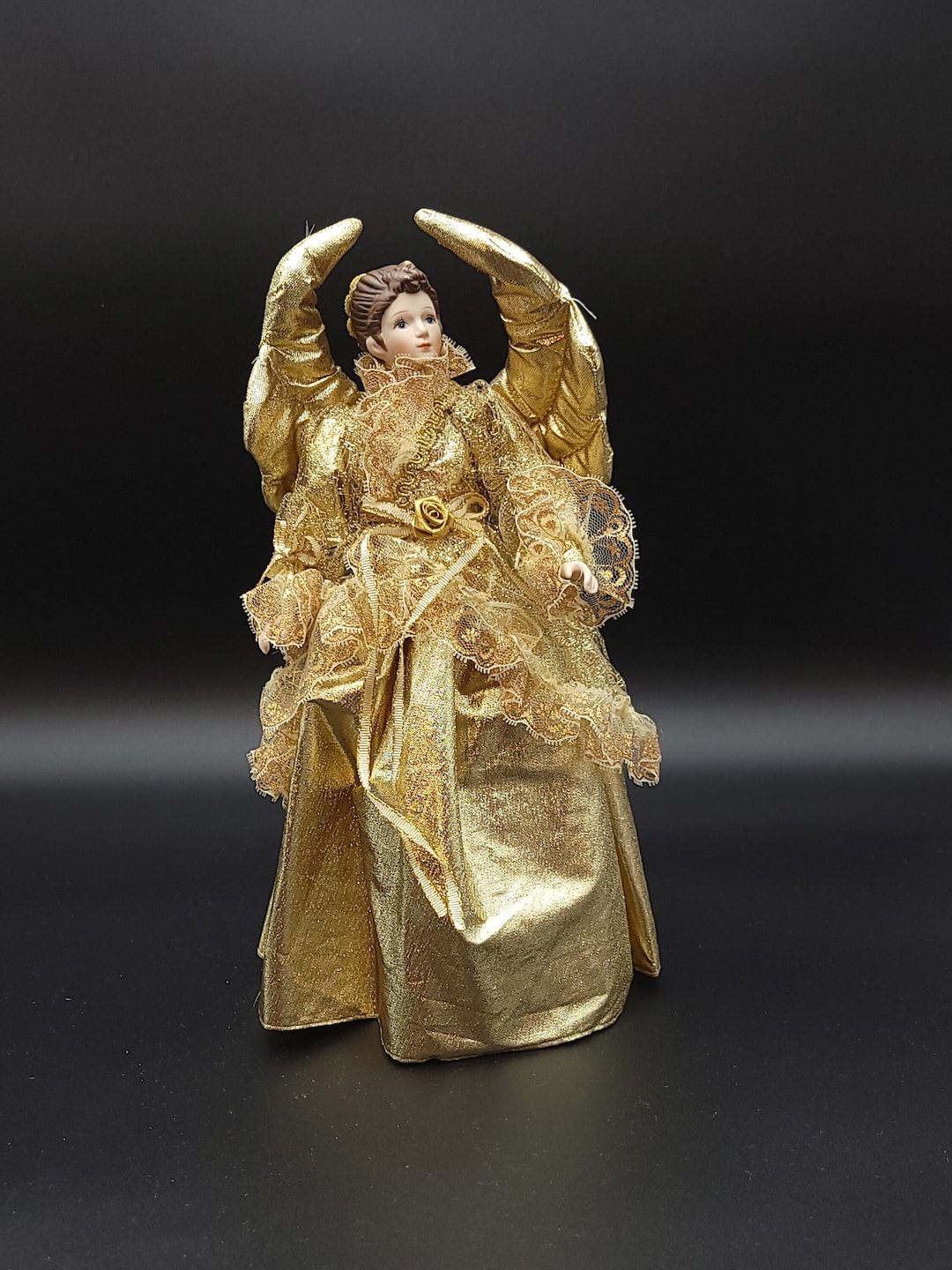 12" Beautiful Golden Angel Christmas Tree Topper Satin and Lace - Etsy