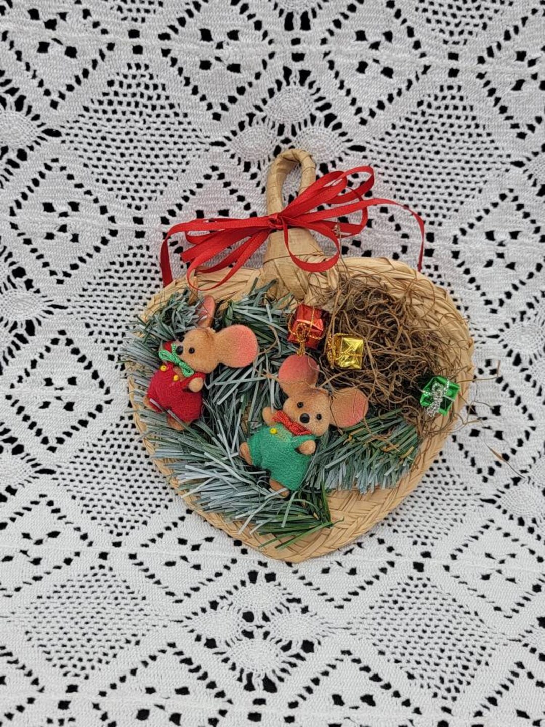 Vintage Raffia Fan With 2 Cute Mice Christmas Tree Ornament - Etsy