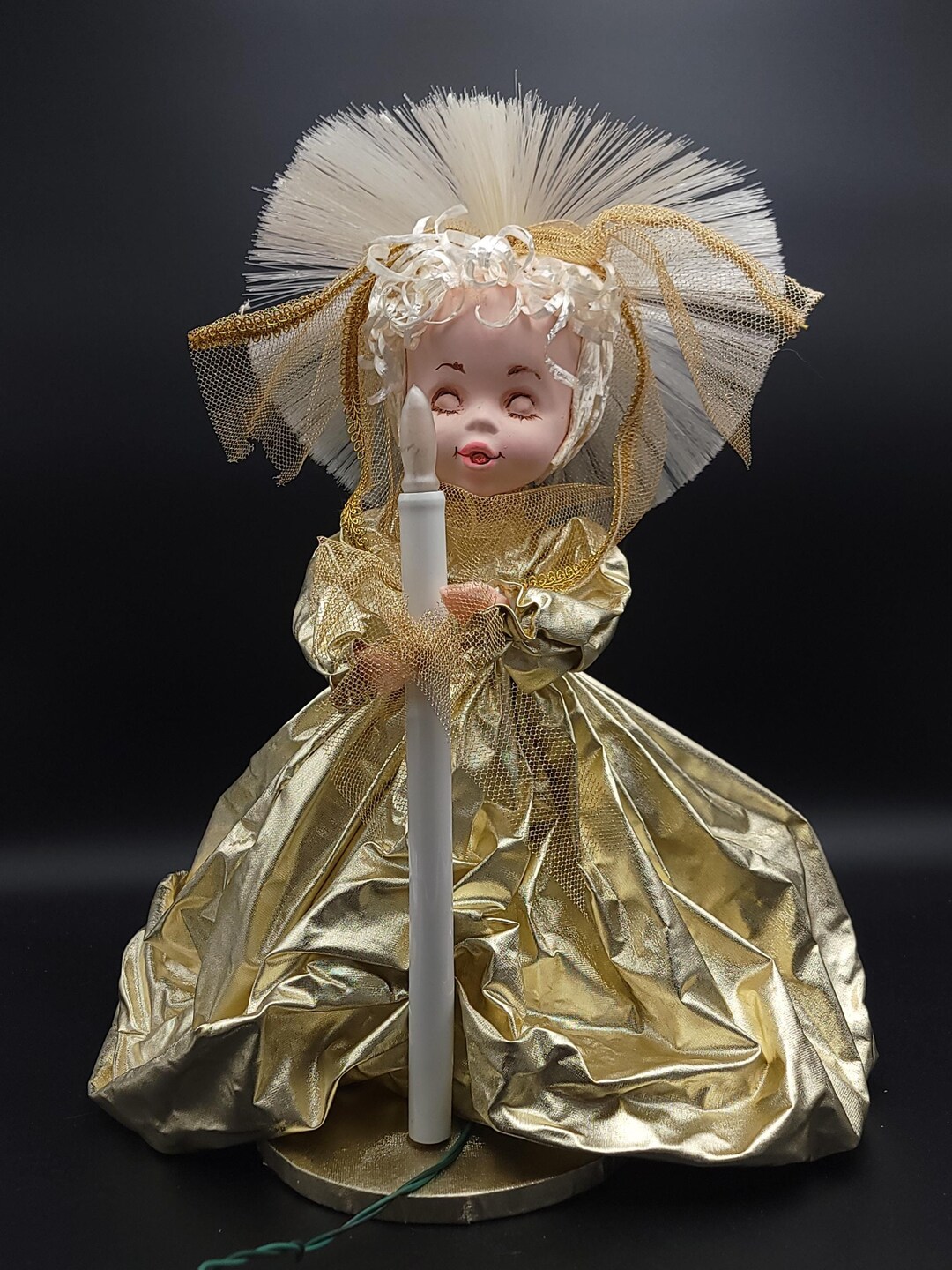 Beautiful 18" Vintage Golden Angel Spun Glass Halo Holding a Candle ...