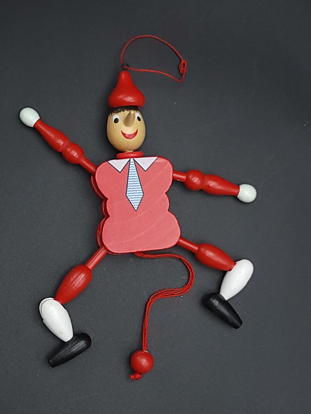 8" Red Pinocchio Wooden Pull String Vintage Toy Ornament - Etsy