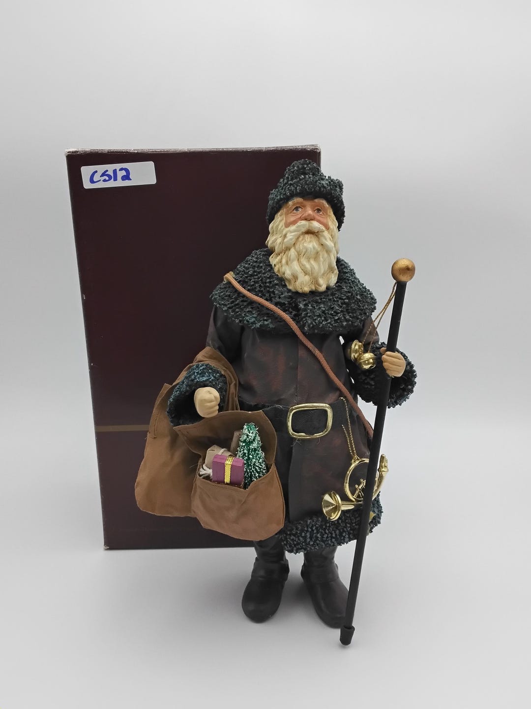 1987 Clothtique 9" Santa Brown Coat and Hat Holding a Bag of Toys by ...