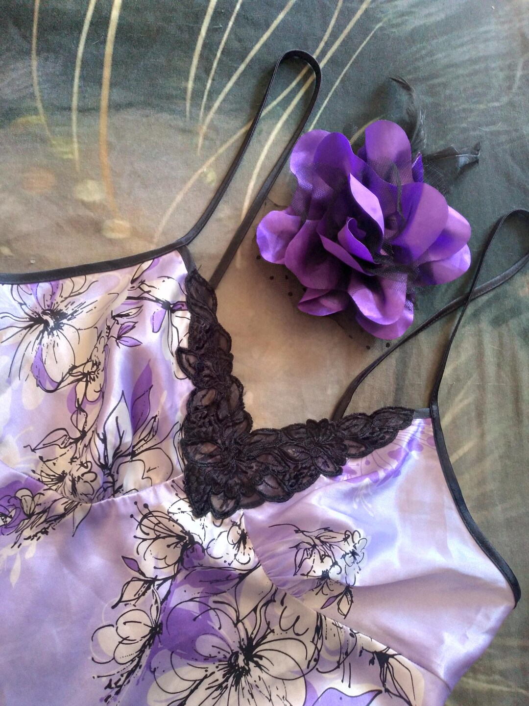 Vintage Apt.9 Nightgown Medium Lavender Floral Black Lace Silky Satin ...