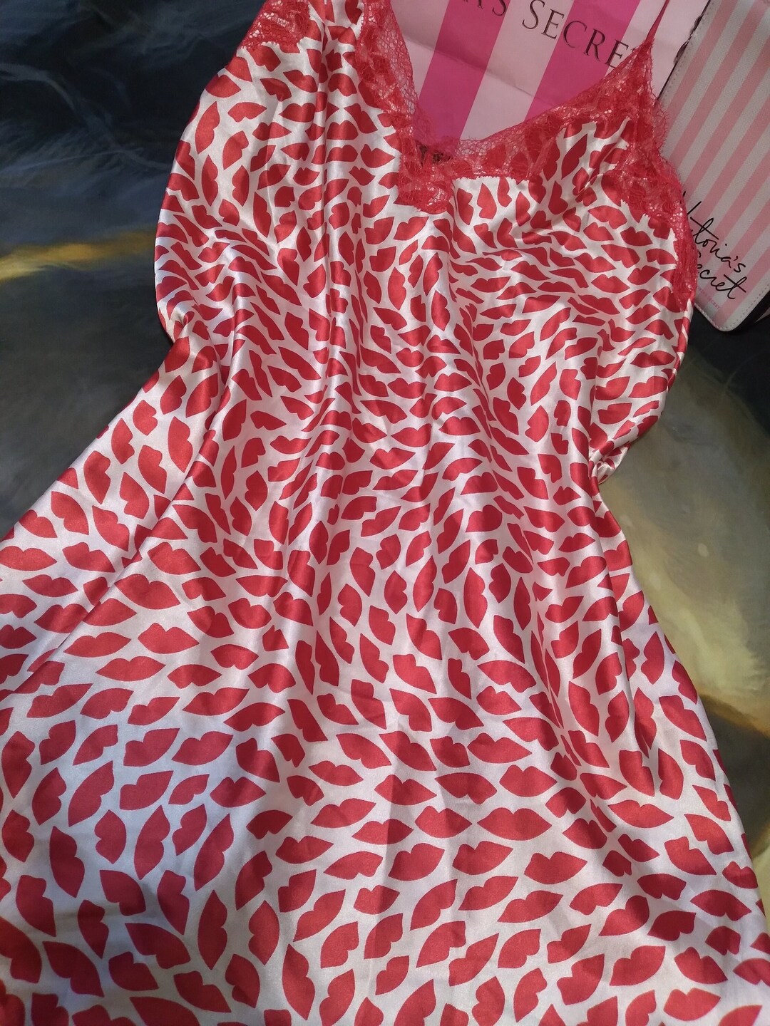 Victoria's Secret Nightgown Lip Print Red Lace Silky Satin Medium VS Nightie - Etsy