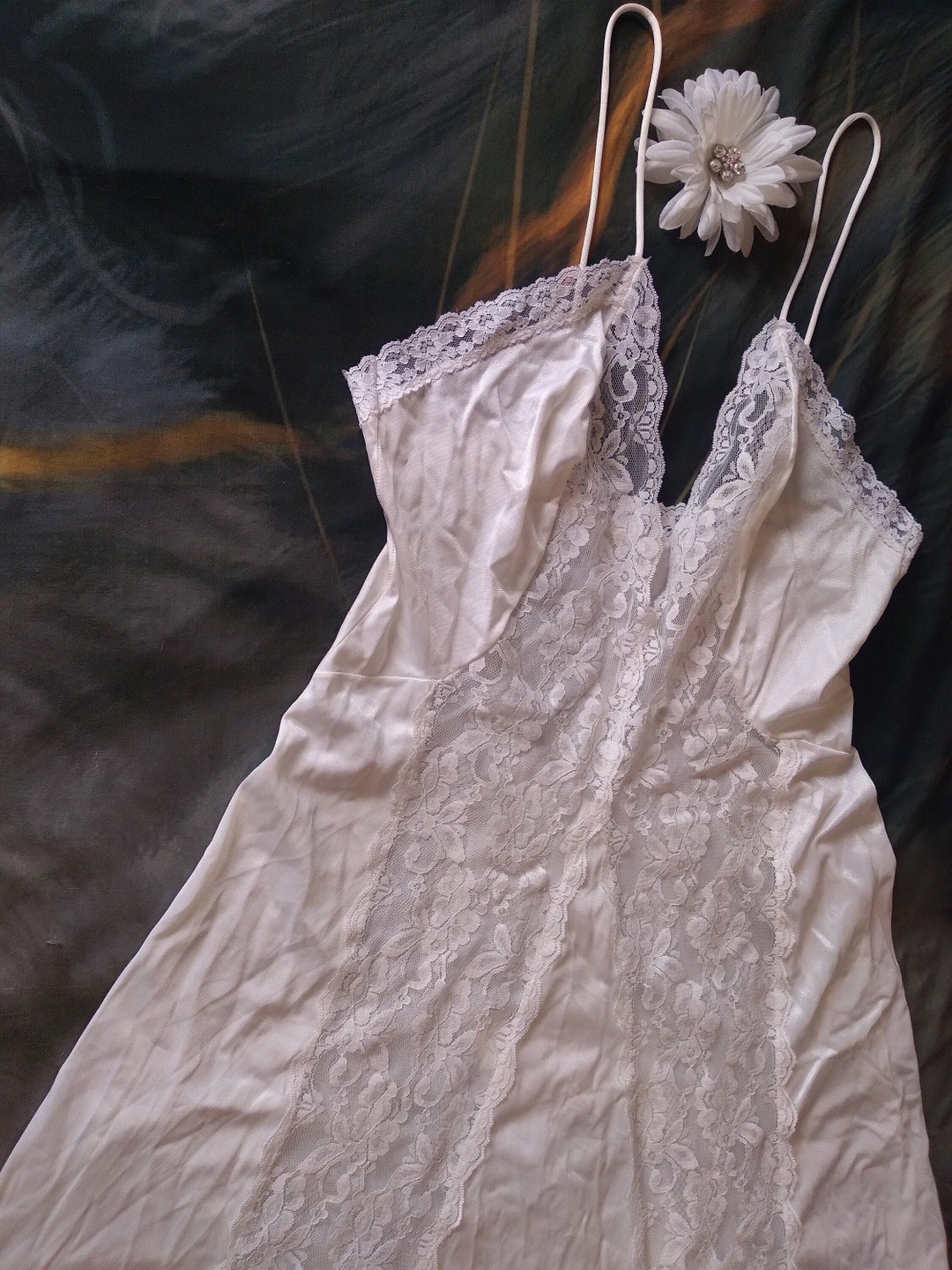 Vintage Valmode Gown Long Full Slip White Shiny Silky Nylon Scalloped ...