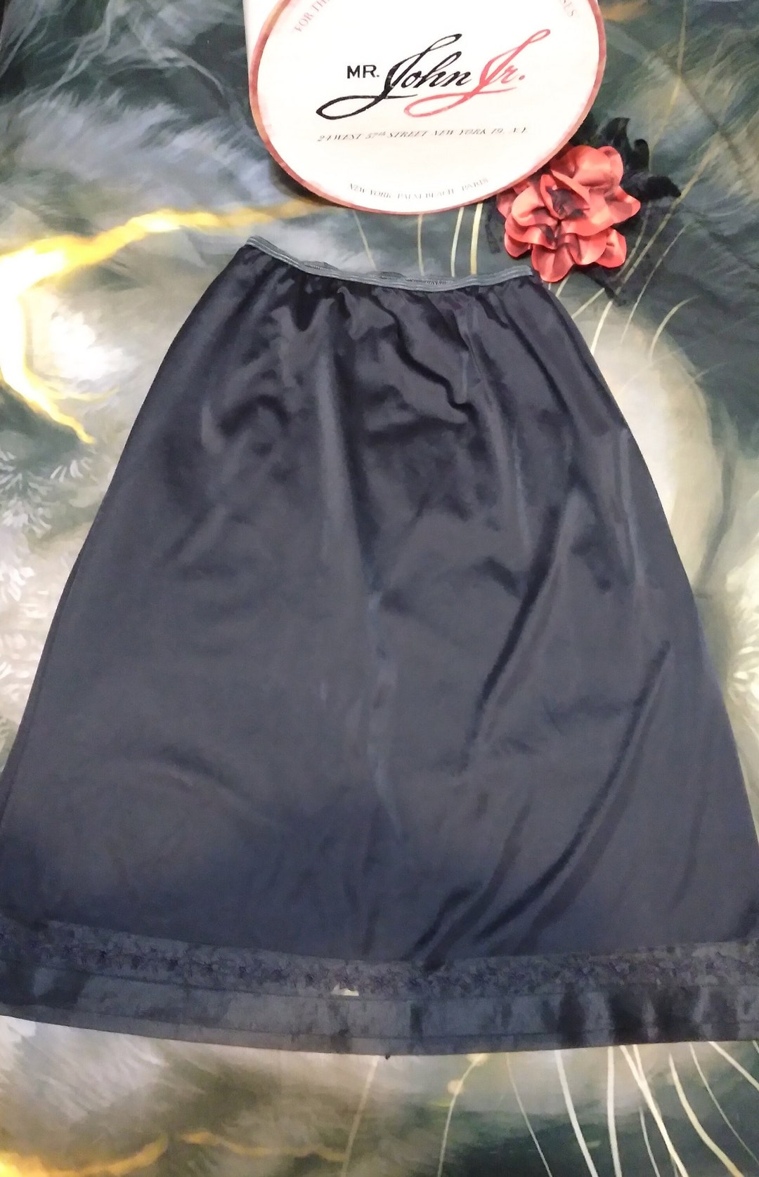 Vintage Half Slip Black Floral Embroidered Sheer Hem Slit Vintage ...