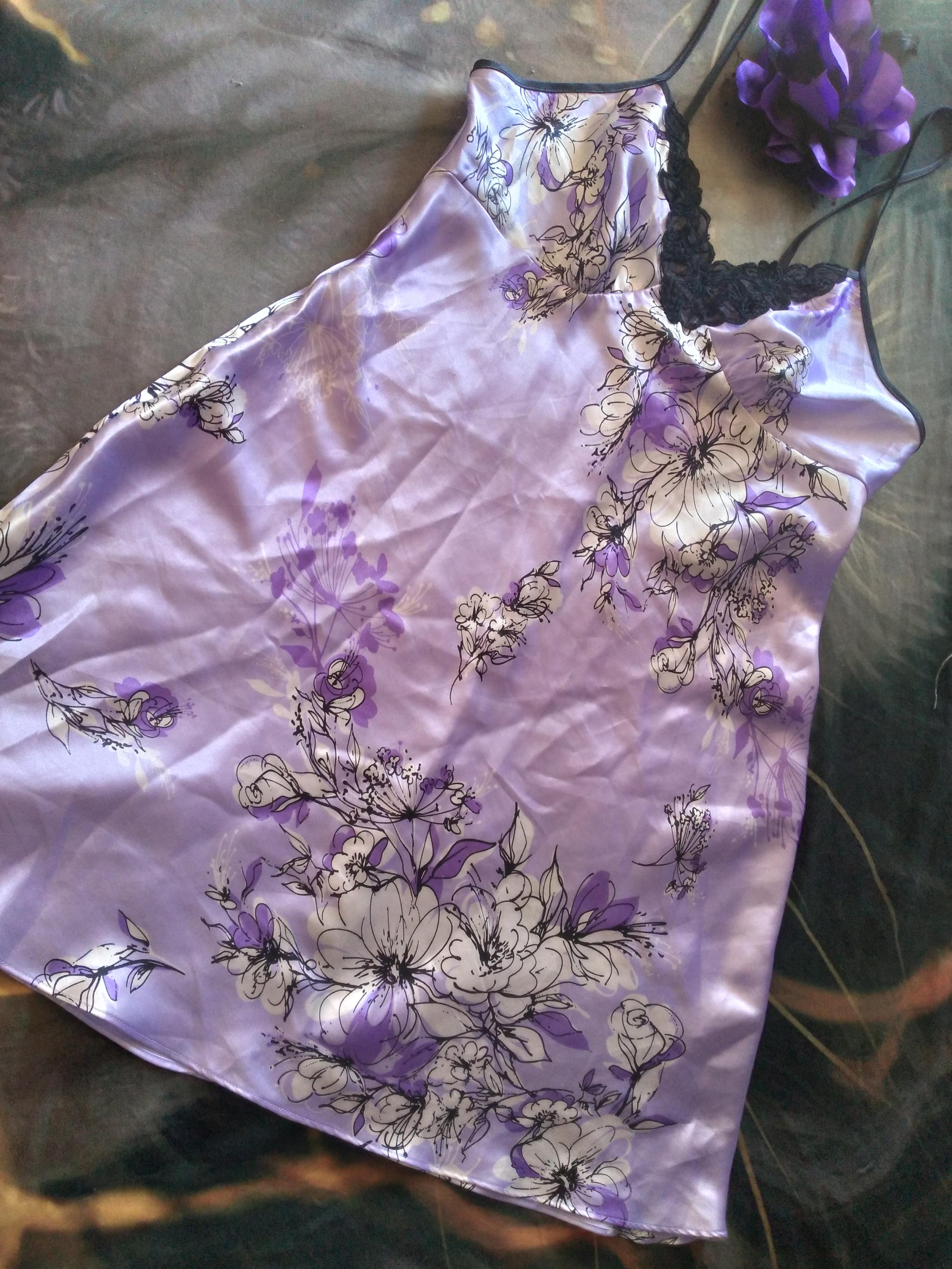 Vintage Apt.9 Nightgown Medium Lavender Floral Black Lace Silky Satin ...