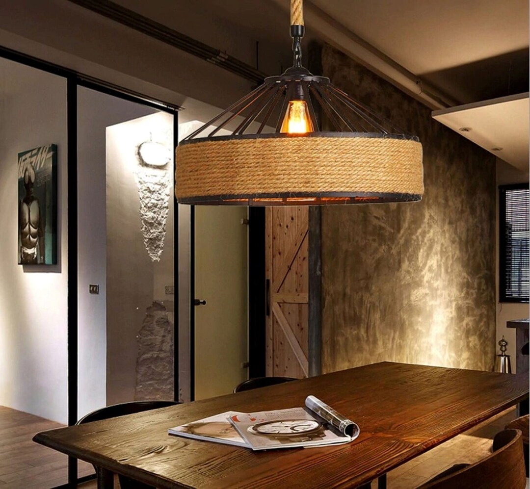 Industrial Loft Hemp Rope Metal Pendant Ceiling Light Lamp - Etsy