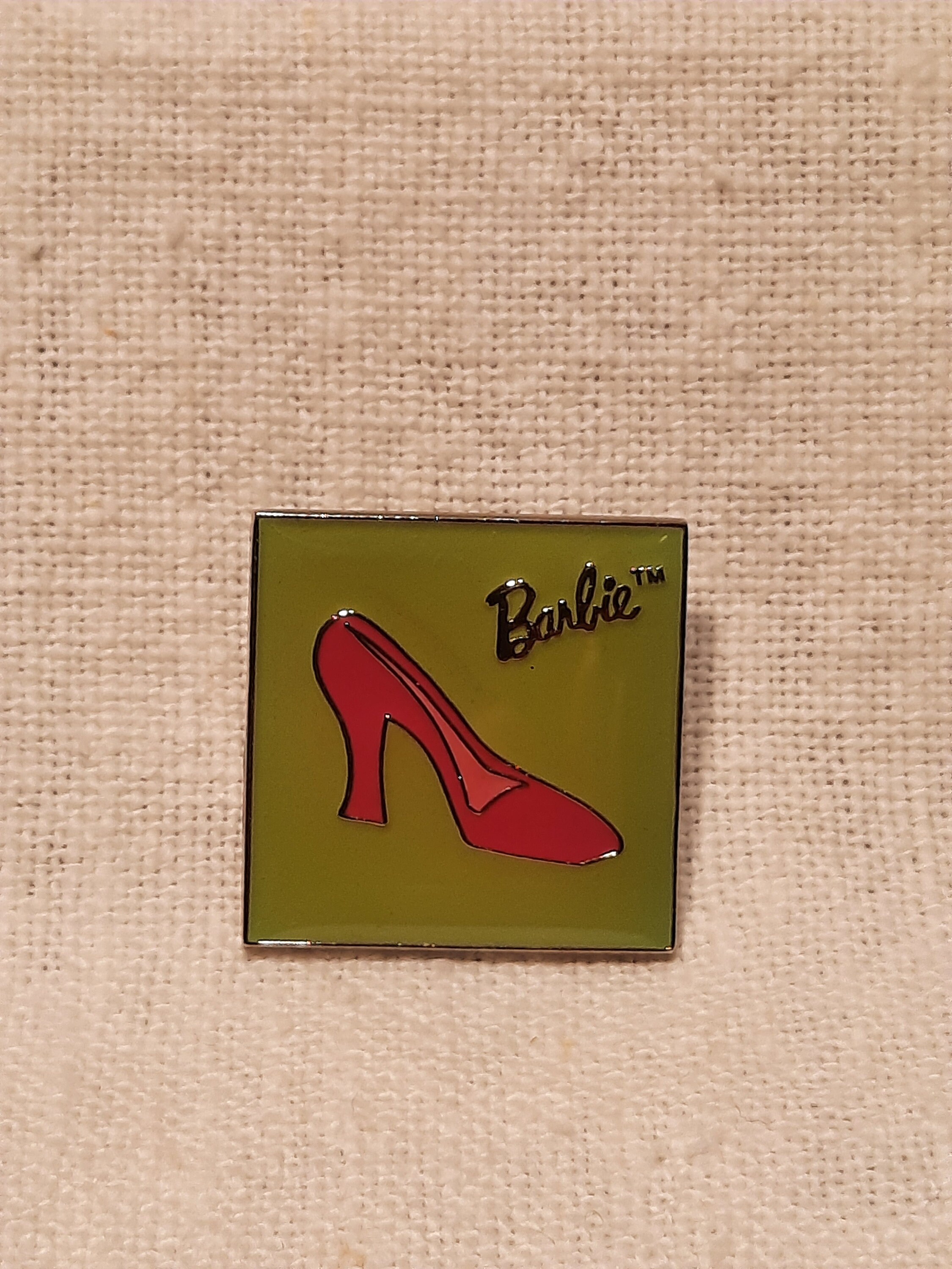 Vintage 1999 Barbie Lapel Pin, High Heeled Red Shoe on Green Background ...