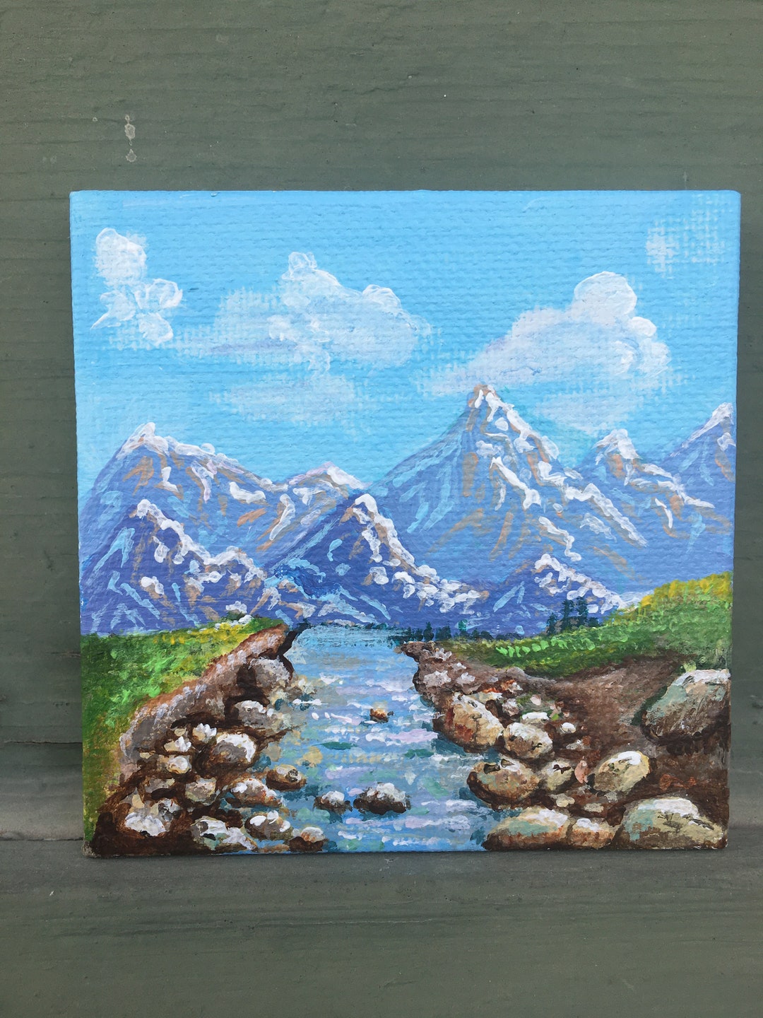 Original Small Acrylic Landscape Painting on Canvas | 3x3 | Mountain ...