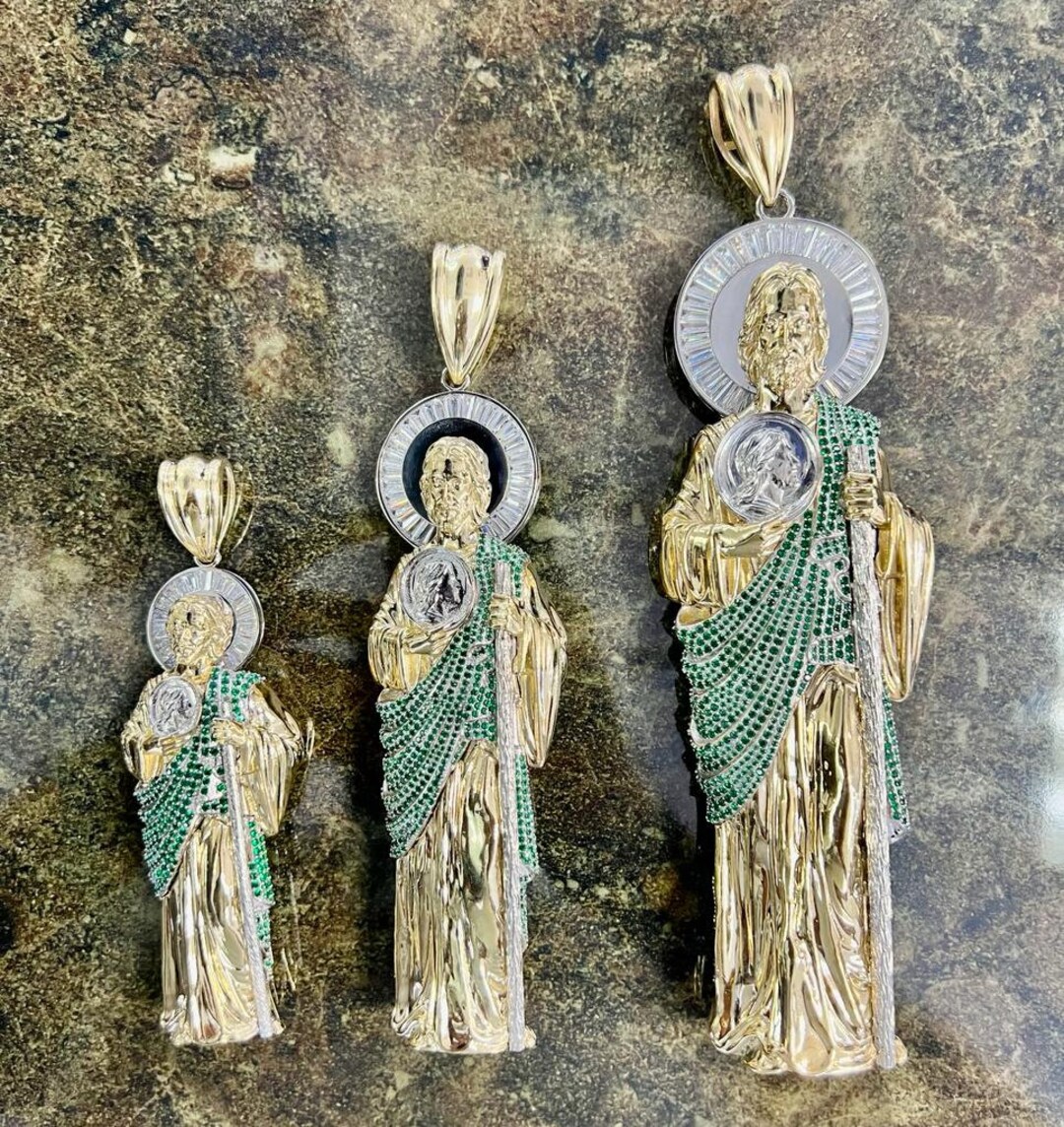 10k Gold Saint Jude CZ Pendant, St. Jude Pendant, Green Religious Saint ...