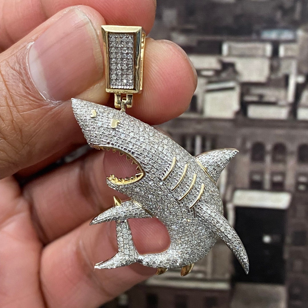 10k Yellow Gold Diamond Shark Jaws Men's Charm Pendant - Etsy