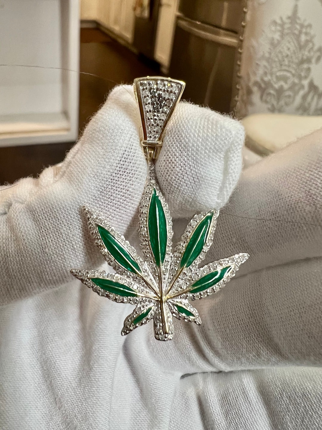 Real Diamond Marijuana Necklace, 10k Yellow Gold Vermeil Marijuana ...