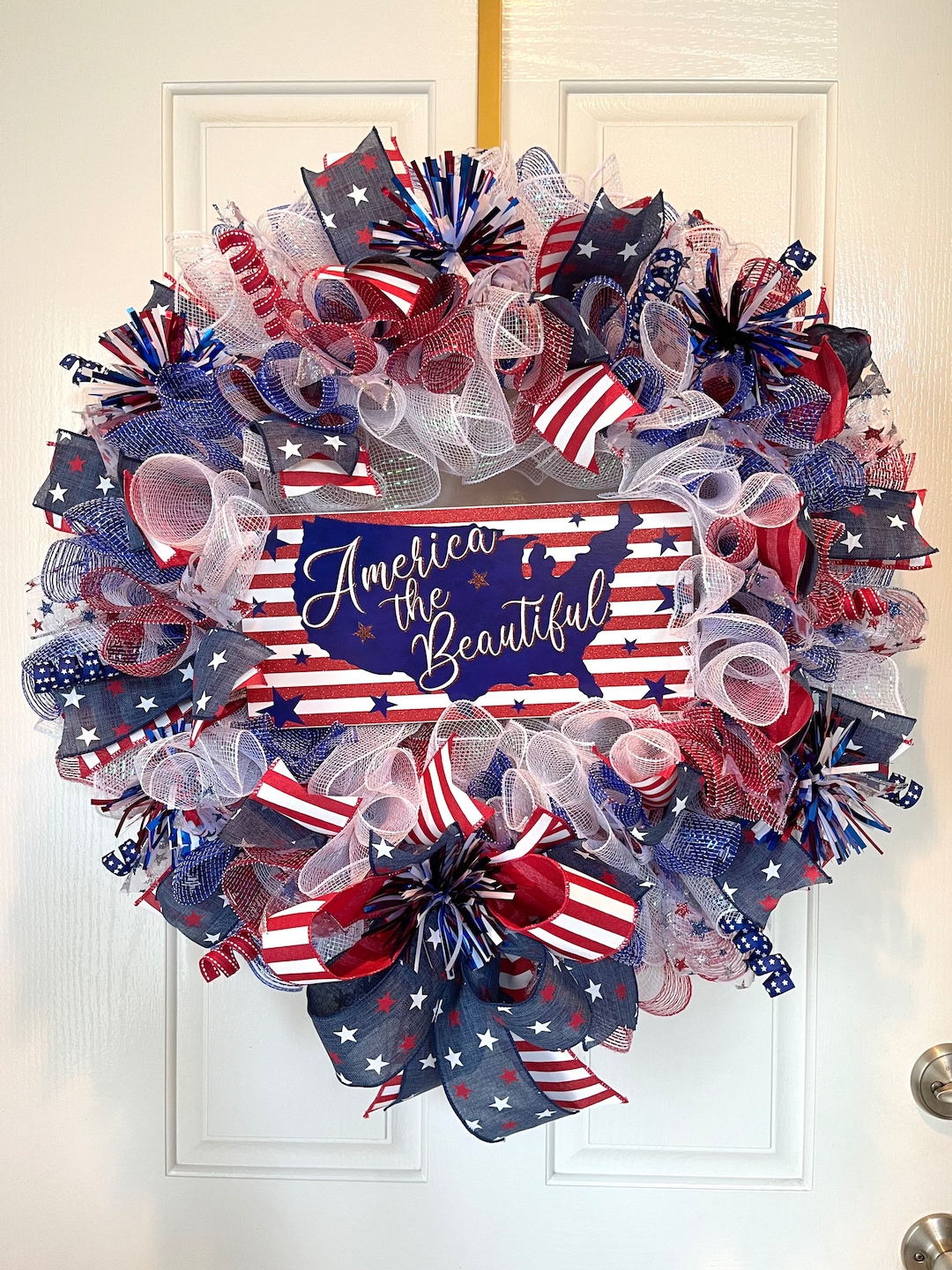 Patriotic Wreath, Memorial Day Door Decor, Red, White and Blue Wreath ...