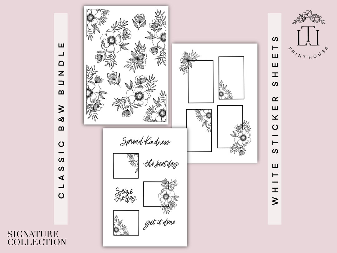 B&W Bundle Stickers L Floral Sticker Set L Decorative Planner Stickers ...